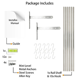 Wallniture Lyon Kitchen Organization and Storage Rack, Stainless Steel Metal Wall Shelf with 10 S Hooks for Hanging Pots and Pans, Chrome