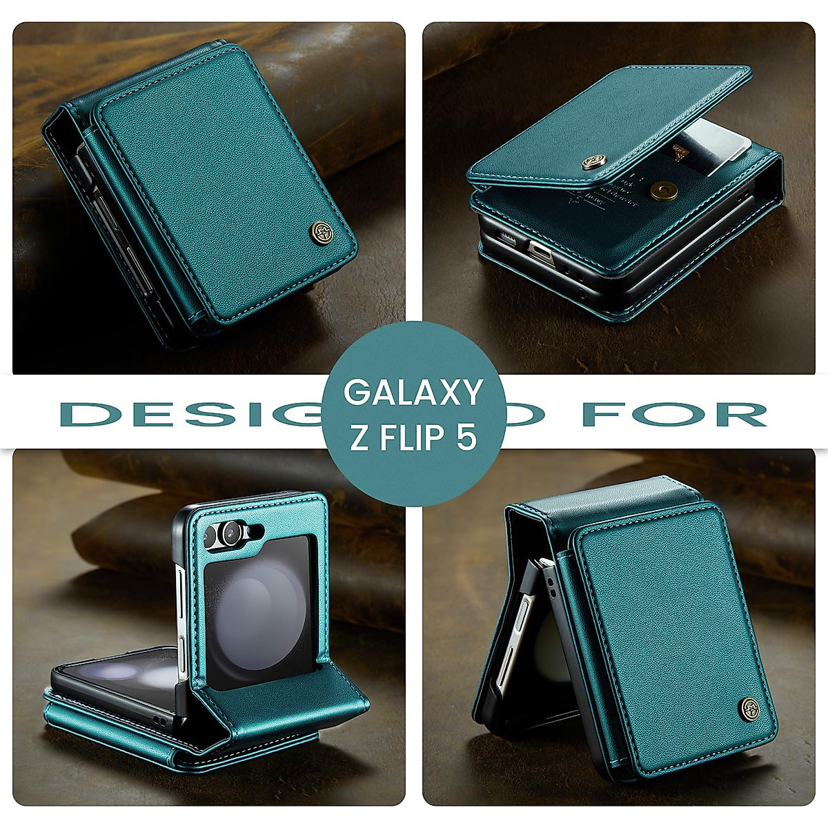 Vinich for Samsung Galaxy Z Flip 5 Case with RFID Blocking, for Samsung Z Flip 5 Wallet Phone Case with Card Holder, Durable Kickstand Case for Galaxy Z Flip 5, Bluish Green