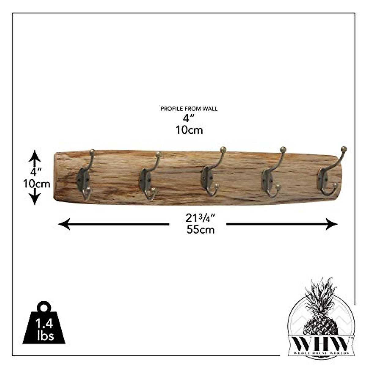 WHW Whole House Worlds Rustic 5 Hook Coat Rack, Wall Mounted, Oak Wood Plank with Tarnished Brass ad Black Finish, Iron Hooks, 4 Deep x 21.75 Long x 4 Tall Inches Bark-Peeled Finish,