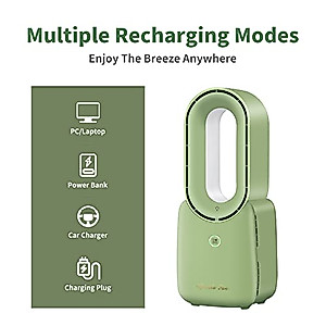 Misby Desk Fan, Portable Bladeless Fan 11.8 inch Personal Cooling Fan with 4 Speeds, Leafless 5 Colors LED Lights Touch Control Small Quiet Table Fans For Home, Bedroom, Office(Green)