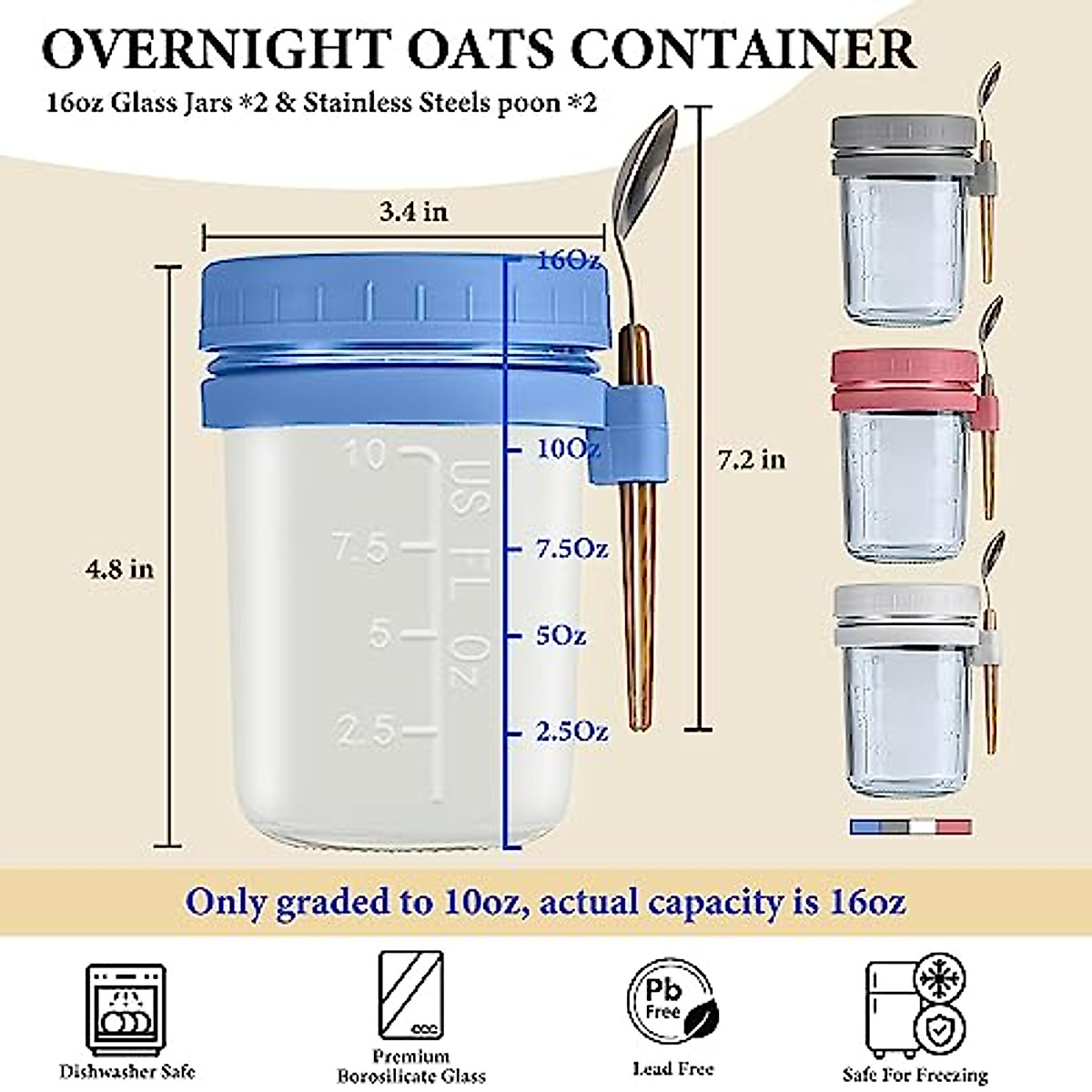 Overnight Oats Containers with Lids and Spoon 16 oz [4 Pack] Large Airtight Overnight Oats Jars Oatmeal Container with Measurement Marks, Glass Mason Jars for Yogurt, Chia Seed Pudding, Cereal, Milk,