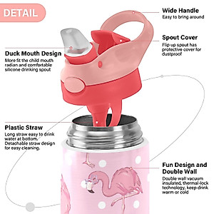 Kigai Pink Flamingos and Dots Kids Water Bottle, Insulated Stainless Steel Water Bottles with Straw Lid, 12 oz BPA-Free Leakproof Duck Mouth Thermos for Boys Girls