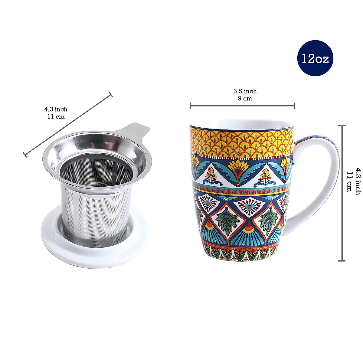 Bico Havana 12oz Porcelain Tea Mug with Infuser and Lid, Microwave & Dishwasher Safe