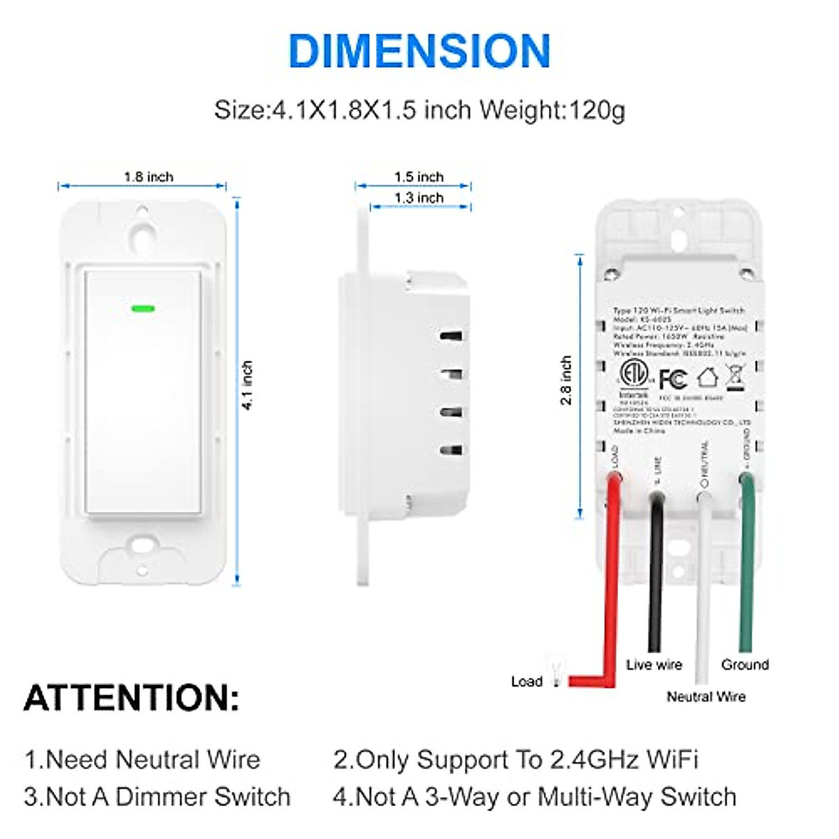 Smart Light Switch,Compatible with Alexa,Google Home, 2.4Ghz WiFi Smart Switch, Wireless Remote Control, Neutral Wire Required,Physical Button (2 Pack)