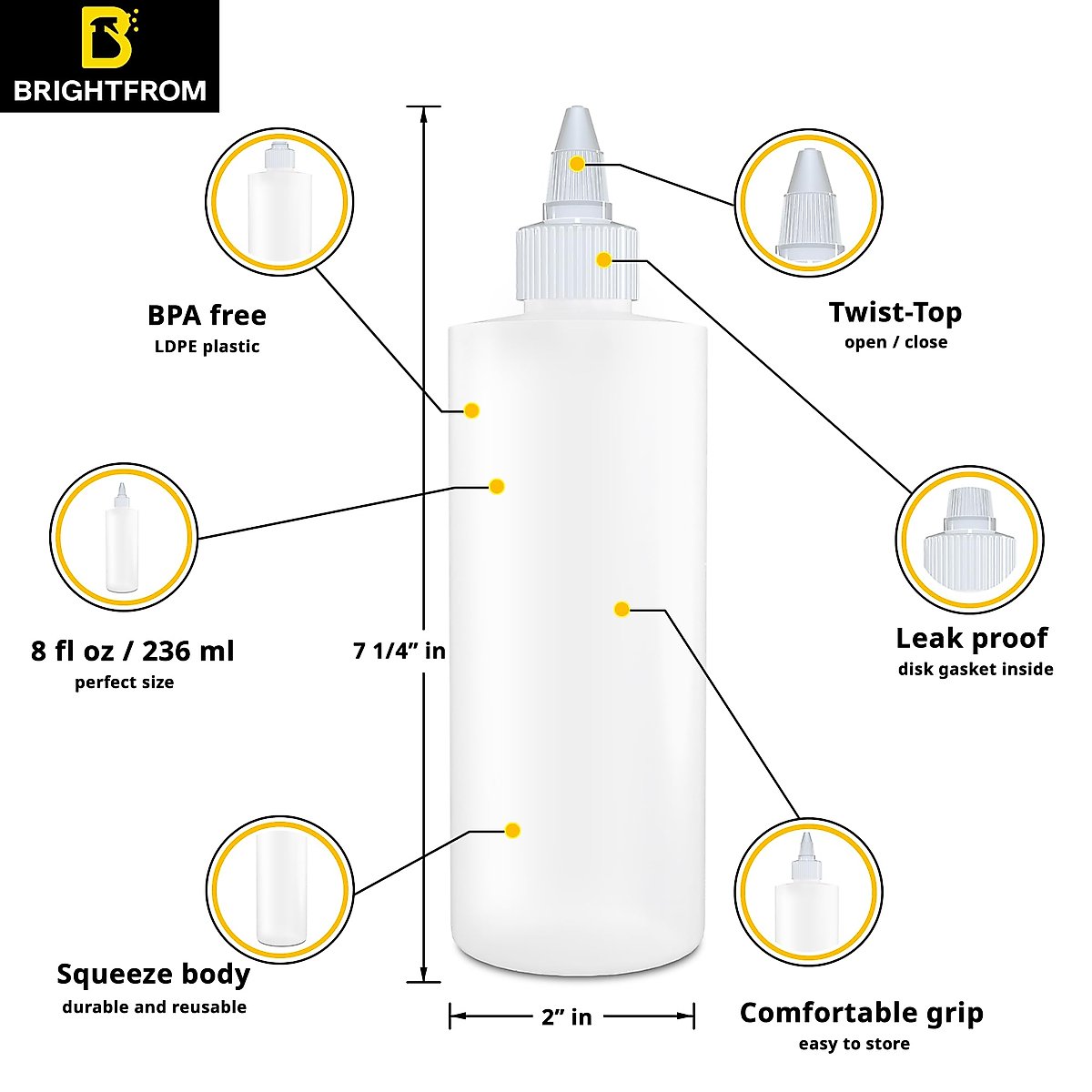 BRIGHTFROM Twist Top Applicator Bottles, Squeeze 8 OZ Empty Plastic Bottles, Refillable, Open/Close Nozzle - Hair Coloring/Multi Purpose (Pack of 2)