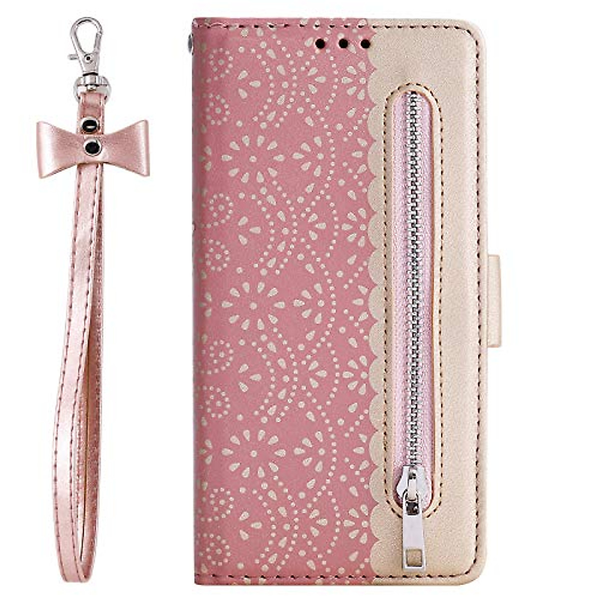 Compatible with Samsung Galaxy Z Fold4 5G 2022, Leather Zipper Wallet Flower Lace Pattern Case with Credit Card Slots Holder Cover Case for Galaxy Z Fold 4