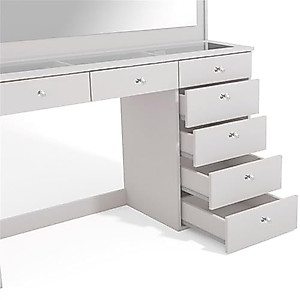 Boahaus Serena LARGE Makeup Vanity with Hollywood Lights Built-in, 7 Drawers, Hollywood Mirror, Hairdryer Hanger, Glass Top, Crystal Ball Knobs, White Vanity Makeup Desk for Bedroom, 58''Hx47''Wx17''D