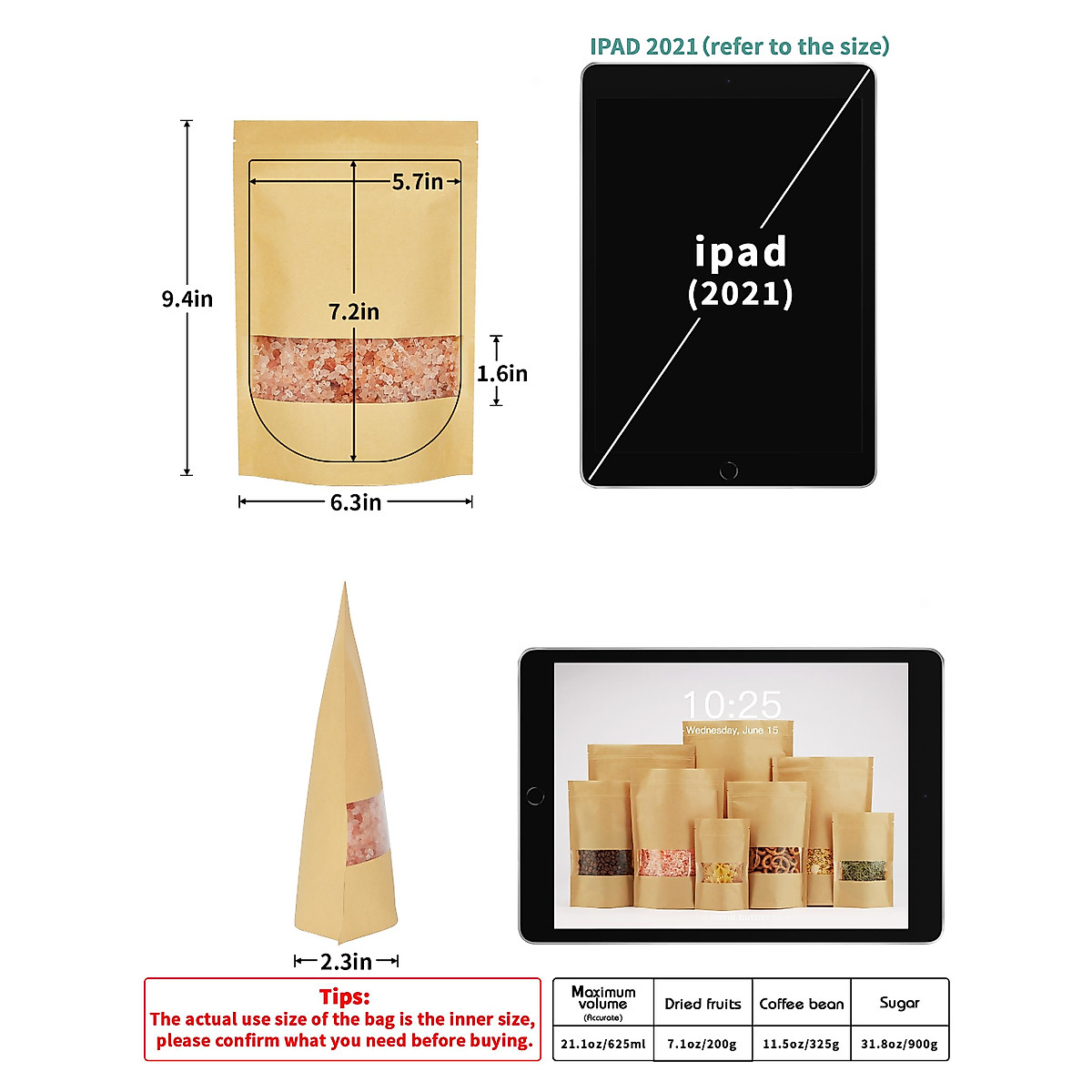 FireKylin 100 Pcs Kraft Paper Bags with Window, 6.3" x 8.6" Stand Up Pouches Bags, Zip Lock Food Storage Bags for Packaging Products, Reusable, Sealable