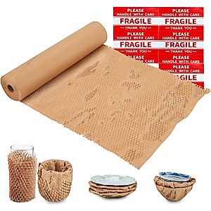 Honeycomb Packing Paper, 15"x200' Honeycomb Cushioning Bubble Wrap Paper Roll for Moving Shipping Breakables Packaging Gifts with 20 Fragile Sticker Biodegradable & Fully Recyclable Brown Kraft