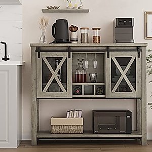 IDEALHOUSE Buffet Storage Cabinet Farmhouse Wine Cabinet Coffee Bar Table with Wine Glass Rack and Storage, Wood Buffets and Sideboards with Barn Mesh Door for Kitchen, Dining, Living Room
