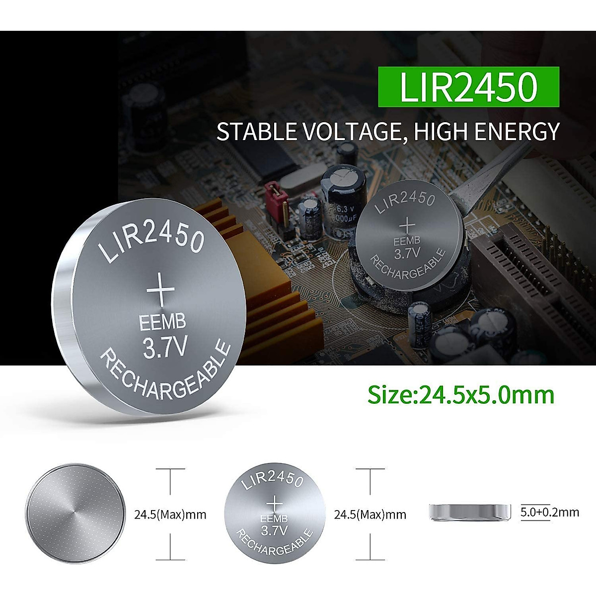 EEMB LIR2450 Rechargeable Battery 2450 Li-ion Battery Charger with 3.7V 120mAh Lithium-ion Coin Cell Battery