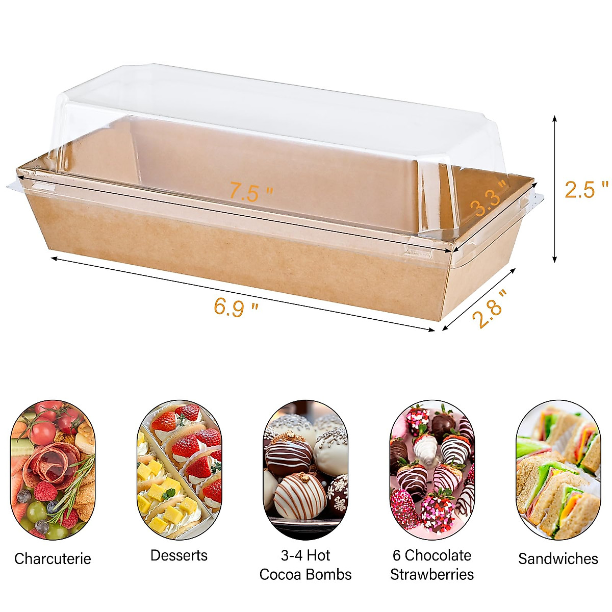 ZORRITA 100 Pack Charcuterie Boxes with Clear Lids, 7.5 Inch Small Kraft Paper Charcuterie Boxes To Go Treat Containers for Desserts, Cookies, Sandwich, Pastry, Strawberries and Cupcakes (Brown)