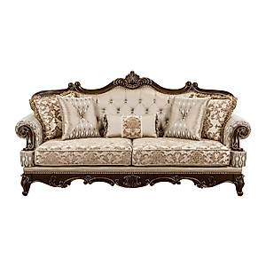 Lexicon Traditional Sofa Couch for Living Room, Rolled Arm Sofa with 5 Accent Pillows, Tufting, Queen Legs in Cherry Finish with Gold Tipping, Upholstered Living Room Furniture, 3 Seater Couch, Brown