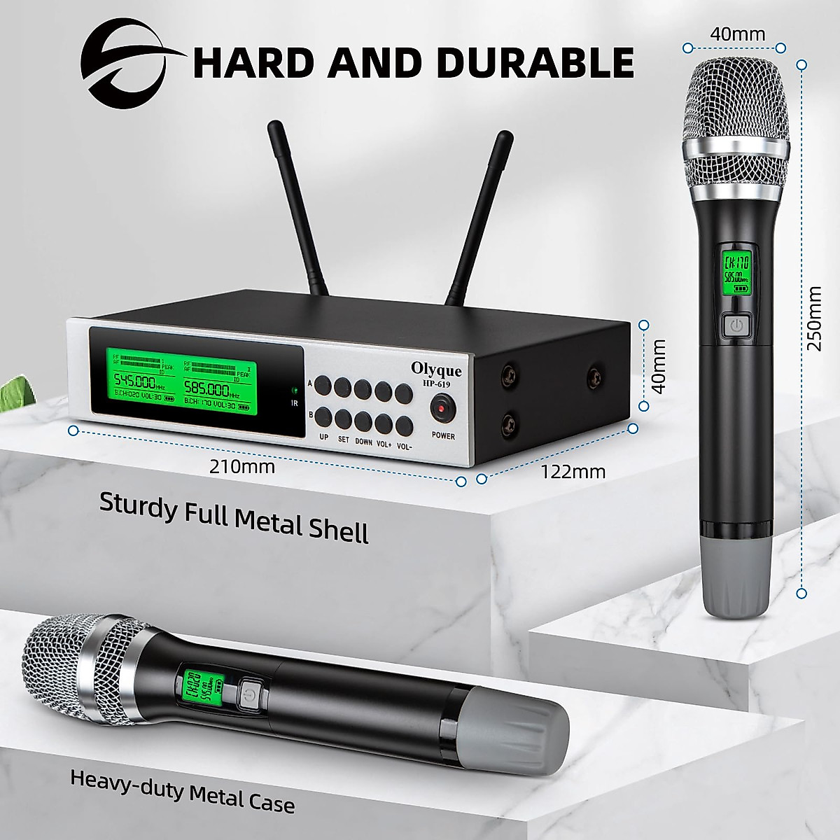 olyque Wireless Microphones, All Metal Dynamic Professional UHF Dual Handheld Cordless Microphone, Auto Scan, 300ft for Parties, Events and Church(HP-619)