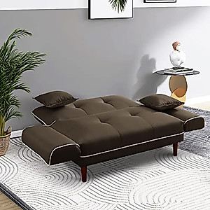 SoarFlash Convertible Futon Sofa Bed with 2 Pillows, Small Couch with Adjustable Armrest and Wood Legs, Upholstered Loveseats Furniture Low Back 2-Seat Sofa Couch with 5-Angle Backrest (Brown)
