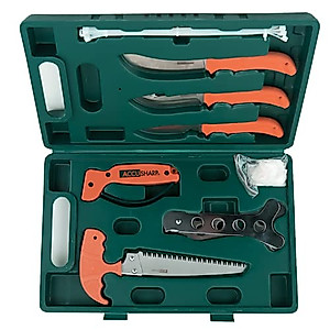 AccuSharp Hunting Kit, 9 Piece Processing Kit with 3 Hunting Knives, Bone Saw, Ribcage Spreader, Zip Ties, Gloves & Knife Sharpener, Complete Game Processing Kit with Case