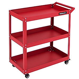 IRONMAX 3 Tier Utility Cart, Heavy Duty Steel Push Service Cart with Lockable 360 Degree Casters, 3 Shelf Tool Cart on Wheels for Garage Office Workshop Warehouse Kitchen (Red)
