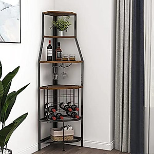 Espelism 5-Tier Corner Wine Rack Freestanding Floor with Glass Holder and Bottles Wine Storage Home Bar Furniture for Home Kitchen Dining Room Industrial Metal and Wooden Corner Shelf
