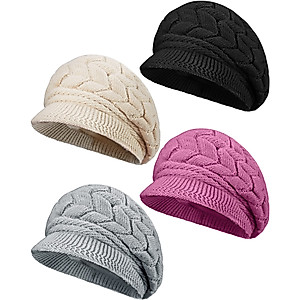 Newcotte Women Winter Hat 4 Pcs Knitted Caps with Visor 2024 Warm Hats for Women Beanies for Winter Cold Weather(Black, Beige, Purple, Gray)