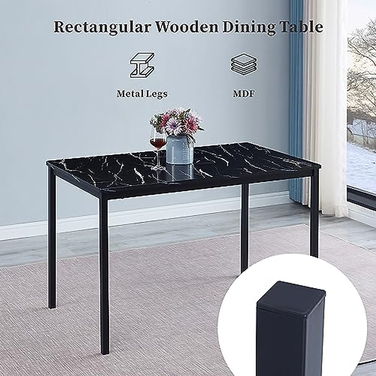 PEITAIKO 47.2" Rectangular MDF Dining Table/Mid Century Modern Metal Legs Kitchen Table (Imitation Marble) (MDF Board+Metal, Black Marble Effect)