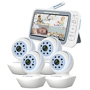 Moonybaby 5" 720p HD Quad Screen Baby Monitor with 4 Remote Pan and Tilt Cameras for 4 Rooms, QuadView 60, Noise Reduction Technology with 20 Days Long Battery Life