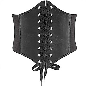 Glamorstar Corset Belt for Women Wide Elastic Tied Waspie Belts Lace-up Leather Waist Belts for Women Dresses 75cm Black