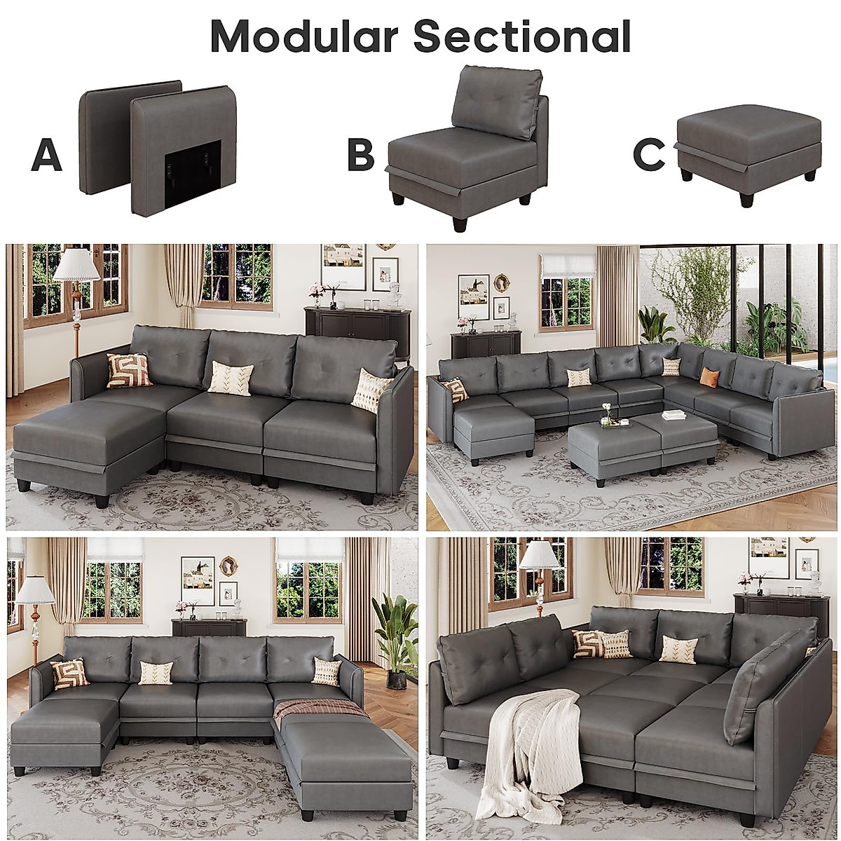 LLappuil Modular Sectional Sofa with Reversible Chaise, U Shaped Couch with Storage, Modern Faux Leather Fabric Sofa with Ottoman, Oversized Sectionals for Living Room, 9 Seat, Dark Grey