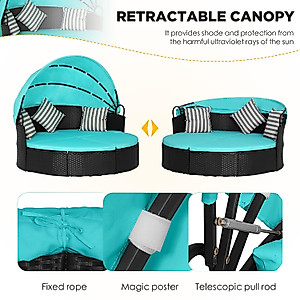 PayLessHere Outdoor Round Daybed Wicker Patio Furniture Outdoor Furniture with Retractable Canopy Rattan Separated Seating Sectional Sofa Washable Cushioned and Three Pillow for Patio Backyard (Blue)