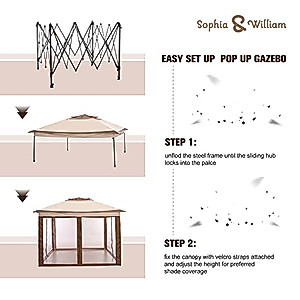Sophia & William 11' x 11' Pop Up Gazebo Foldable Canopy with Netting and Curtain Portable Wheeled Bag, Brown Double-roof Gazebo for Patio Lawn Garden Backyard