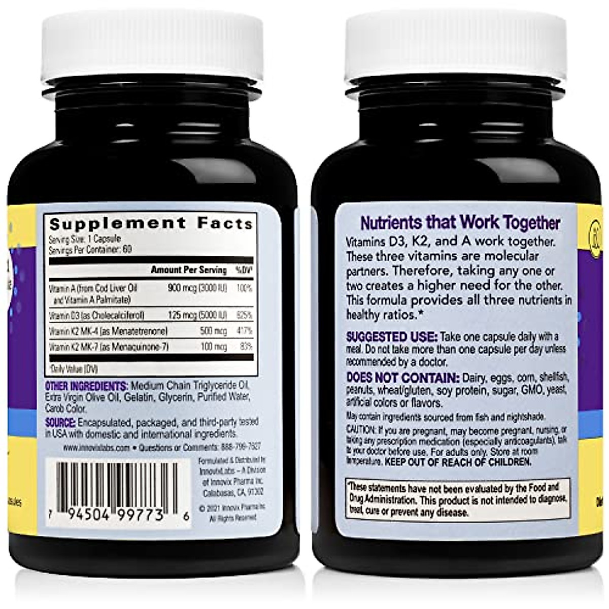 InnovixLabs Vitamin D3 K2 Supplement - 5000 IU D3 with Vitamin K2 MK7 & MK4 - ADK Vitamin Combo for Absorption - K2 D3 Vitamin Supplement - Supports Immune System, Heart & Bones - 60 Capsules