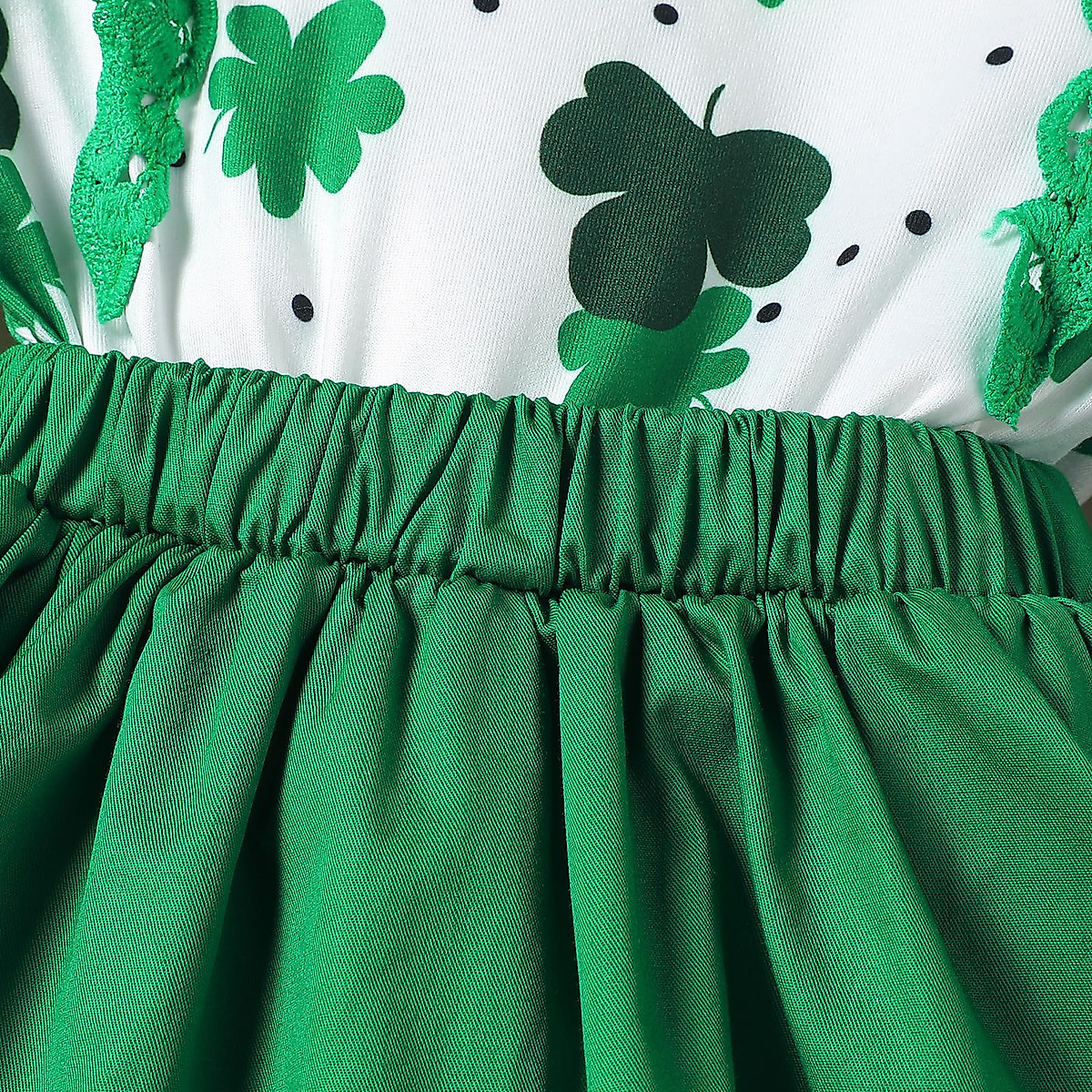 Noubeau Infant Baby Girl St. Patrick's Day Dress Ruffle Long Sleeve Romper Top Lucky Clover Print Skirt Outfits+Headband（Green- Dress,6-9 Months）