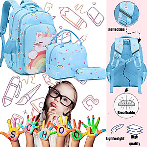 Jumpopack Unicorn Backpack for Girls School Backpacks for Elementary Girls Backpack with Lunch Box Lightweight Water Resistance School Bag Preschool Kids Bookbag,Unicorn Cat