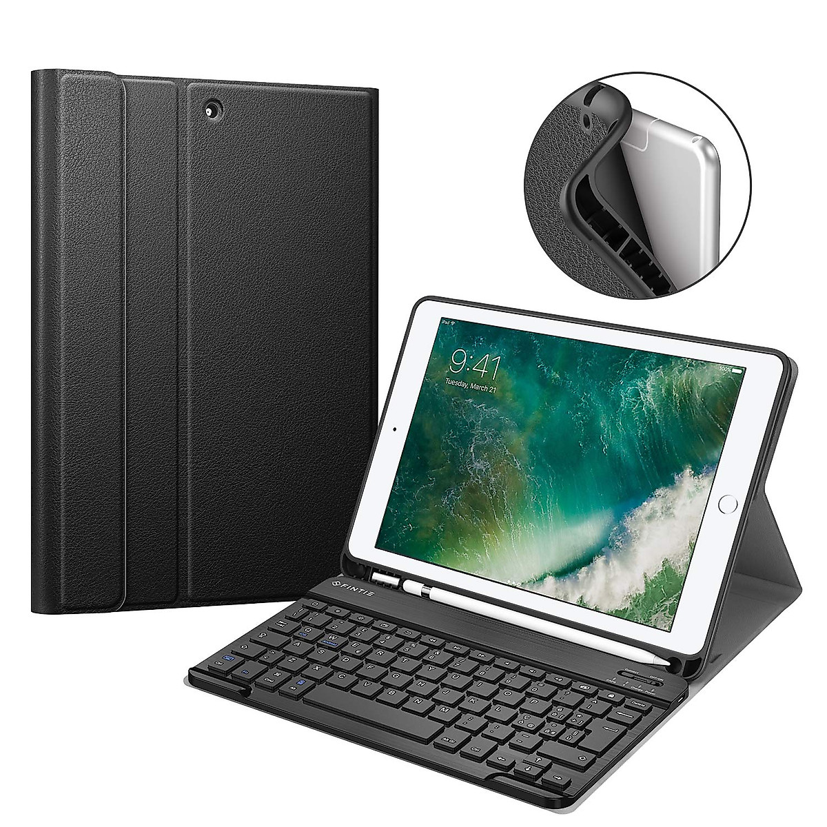 FINTIE Keyboard Case for iPad 6th / 5th Generation (2018/2017), iPad Air 2 / Air 1 (9.7 Inch) - [Built-in Pencil Holder] Soft TPU Back Cover w/Magnetically Detachable Keyboard, Black