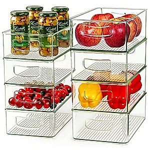 Hudgan Set Of 8 Refrigerator Organizer Bins (4 Large & 4 Medium sizes) - Stackable Fridge Organizer, Clear Plastic Storage Bins for Kitchen, Pantry, Freezer, Cabinets, Linen Closets
