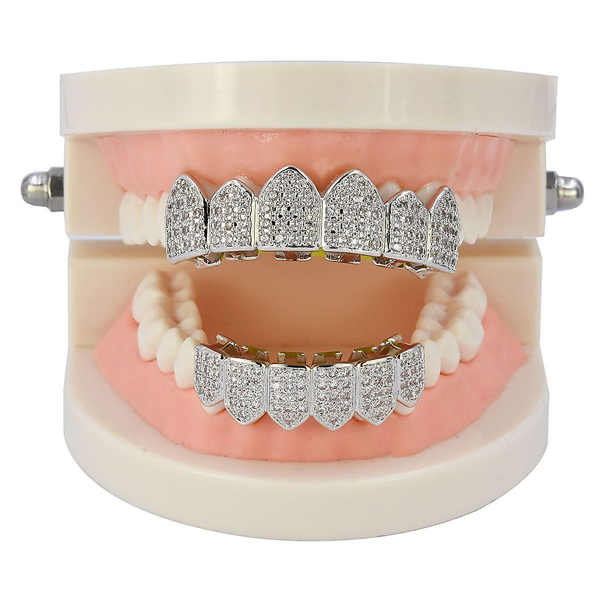 JINAO Diamond Grillz 18K Gold Plated Grills for Your Teeth Macro Pave CZ Iced Out Grill for Men Women With Extra Molding Bars Included (Silver set)