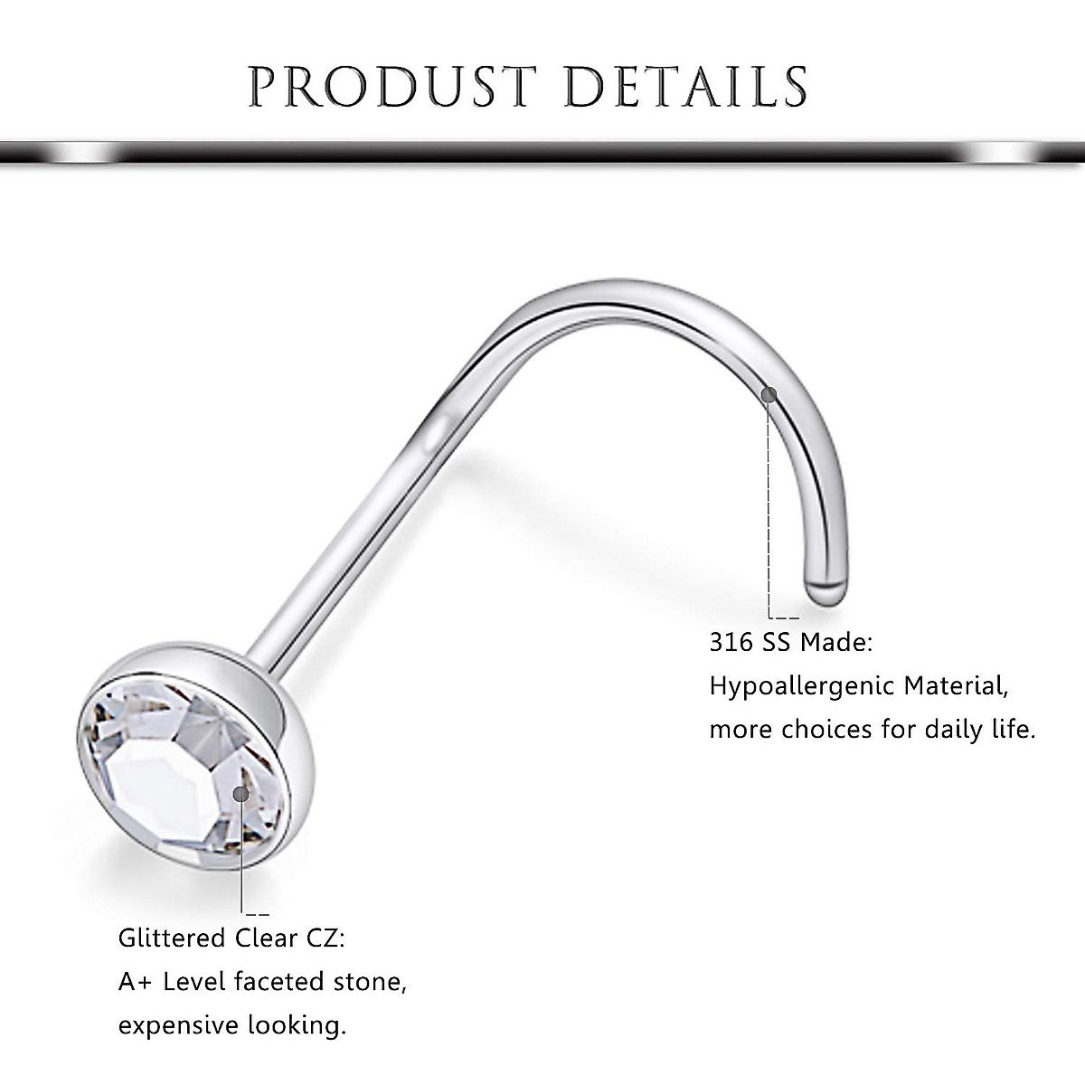 Hoeudjo 20Pcs 20G Surgical Steel Heart Nose Ring Studs L Shaped Body Jewelry Piercing Retainer for Women Men CZ Inlaid 1.5MM 2MM 2.5MM 3MM Moon Star Ball Flat Top Silver Rose Gold Black Nostril