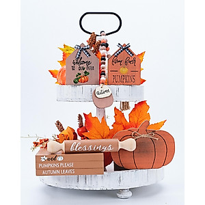 DN DECONATION 8 Pcs Fall Tiered Tray Decor Set,Fall Decorations for Home,Wooden Pumpkin Decoration, Thanksgiving Wooden Table Signs,Fall Book Stack Decor,Home, Table, Farmhouse, Gifts