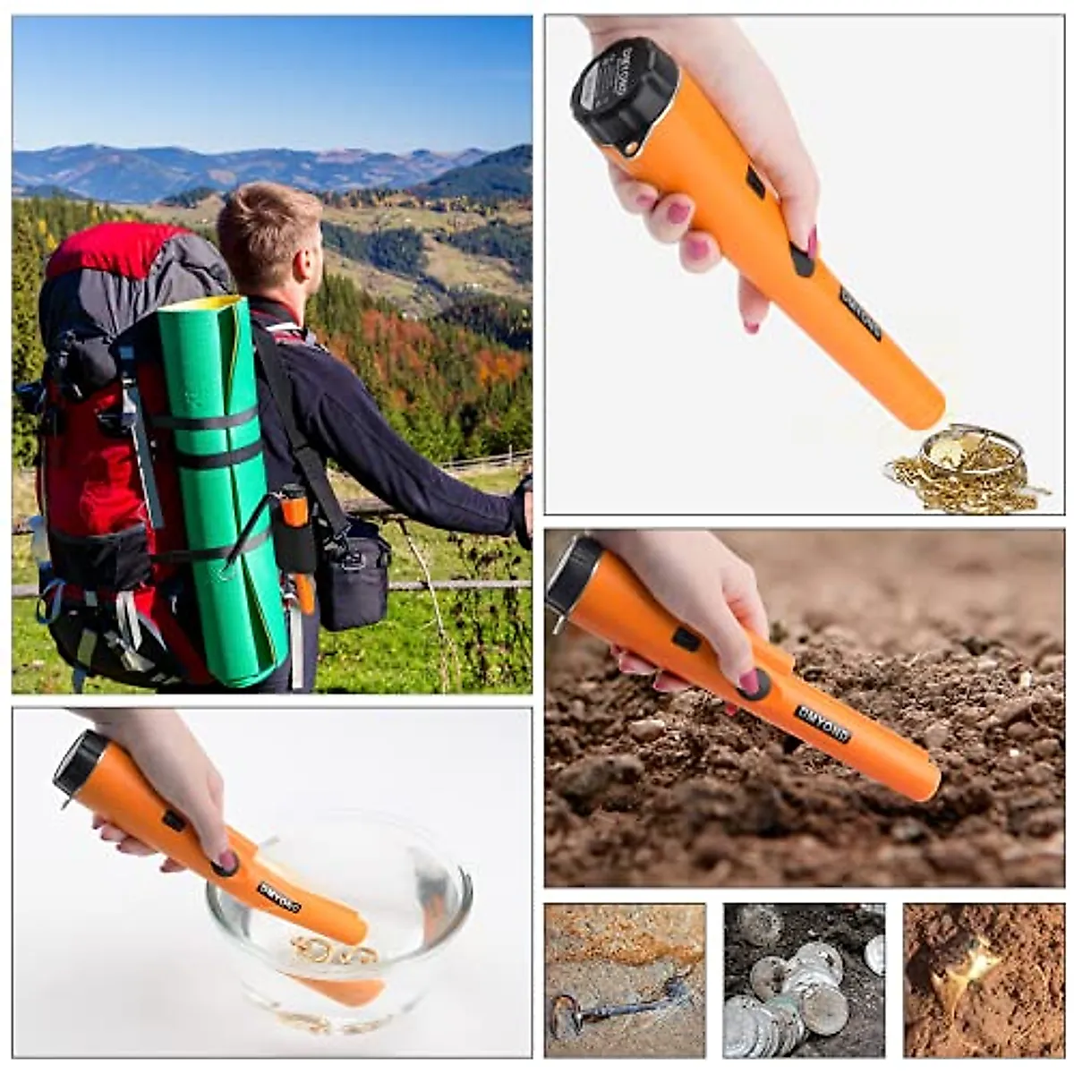 Metal Detector Pinpointer, Professional Waterproof Handheld Pin Pointer Wand, Search Treasure Pinpointing Finder Probe with 9V Battery and LED for Adults, Kids - Orange