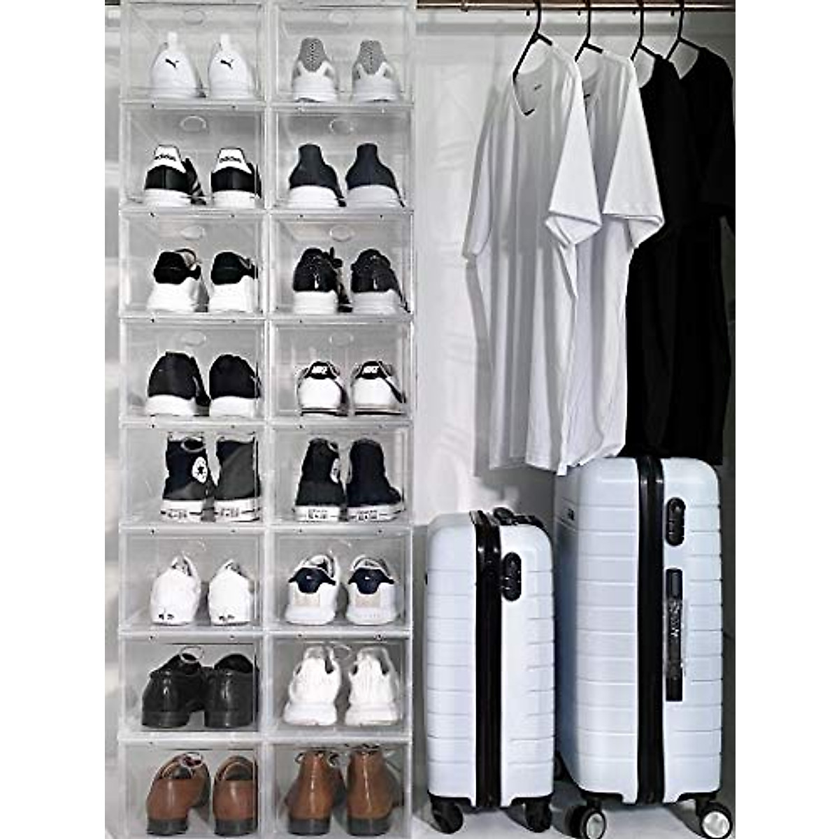 Drop Front Shoe Box, Set of 4, Stackable, for Men and Women - Clear, Plastic Shoes Storage Boxes for Sneaker, Heel, Sandal - space-saving closet organizer Shoe Container for shoe box organization