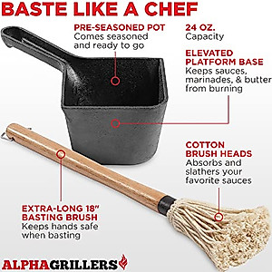 Alpha Grillers Cast Iron Pot & BBQ Brushes for Sauce - 24 oz Cast Iron Saucepan & Basting Brush BBQ Mop - Gifts for Dad - Premium Cast Iron Cookware & Grilling Accessories