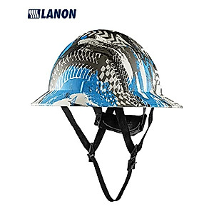 LANON Full Brim Hard Hat, OSHA Construction Work Approved, Blue Pattern Design, FRP Safety Helmet with 4 Point Adjustable Ratchet Suspension, Class C