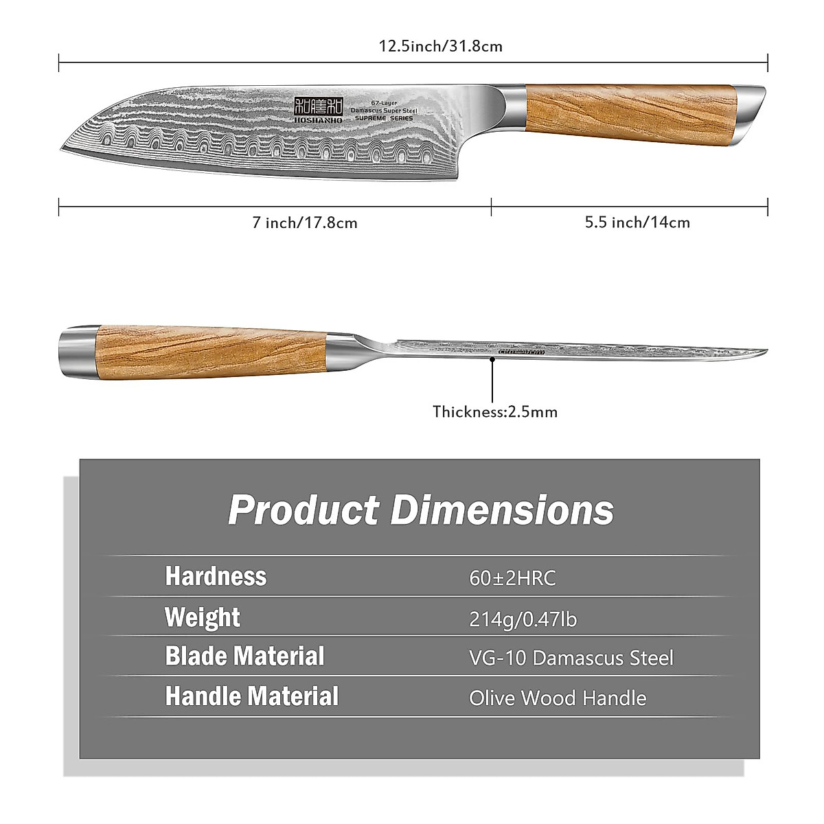 HOSHANHO Damascus Santoku Knife 7 Inch, Professional Japanese Damascus Super Steel Kitchen Knife, Sharp Cooking Knife with Durable Ergonomic Olive Wood Handle