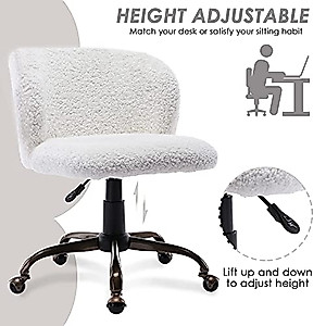 HEAH-YO Modern White Computer Task Desk Chair with Wheels, Swivel Adjustable Vanity Chair Faux Fur Armless Office Chair for Teens Dorm Room Office