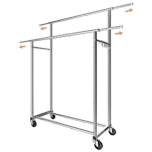 Simple Trending Double Rod Clothing Garment Rack, Rolling Clothes Organizer on Wheels for Hanging Clothes,with 4 hooks, Chrome