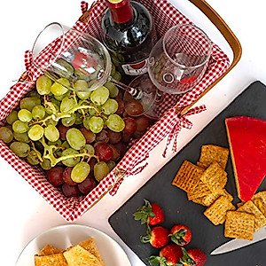 Big Mo's Toys Picnic Basket - Woven Natural Woodchip Wicker Basket with Double Handles and Red and White Gingham Blanket Lining