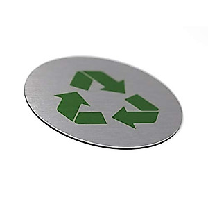 Metal Recycle Signs | Recycle Bin Marker | Metal Sign for Recycling Basket | 3" Round, Brushed Silver Aluminum with Green Recycle Symbol | Made in the USA