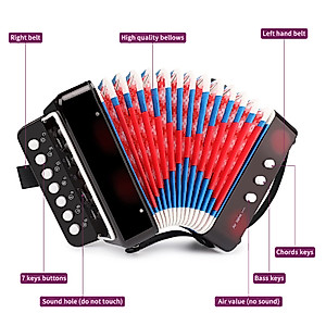 Button Accordion 10 Keys Control Accordion include 3 Air Valve Easy to Play Lightweight Environmentally-friendly Kid Instrument for Early Childhood Development (Black)