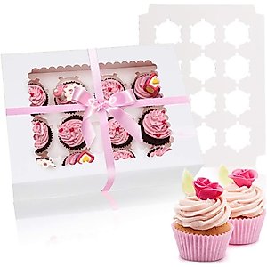 Rarapop 25-Set Cupcake Boxes Hold 12 Standard Cupcakes, Food Grade Cupcake Holders Bakery Carrier Boxes with Windows and Inserts for Cupcakes, Muffins and Pastries