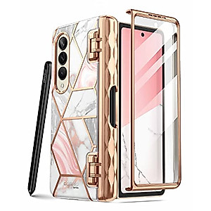 i-Blason Cosmo Series for Samsung Galaxy Z Fold 4 Case with Pen Holder (2022), Stylish Protective Bumper Fold 4 Case with Built-in Screen Protector (Marble)