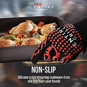 Entire 3 in 1 BBQ Grill Gloves, Extreme Heat Resistant, Insulated Fireproof Silicone Oven Mitts for Cooking, Grilling, Barbecue, Non-Slip Grip Pair with Silicone Brush & BBQ Grilling Tong